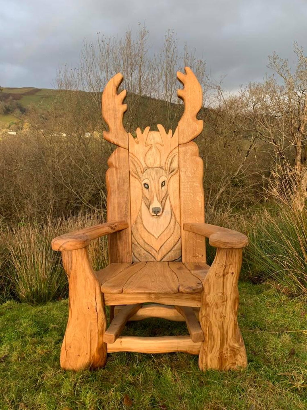 Rustic Wooden Deer Throne Chair – Hand-carved Storytelling Seat With ...