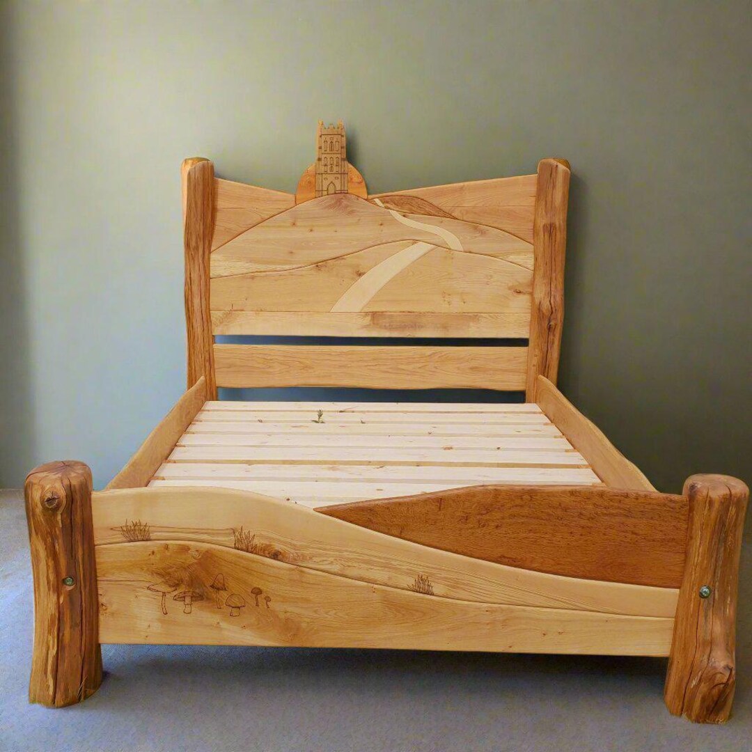 Custom Rustic Bed Frame – Handmade Wooden Bed With Landscape and Castle ...