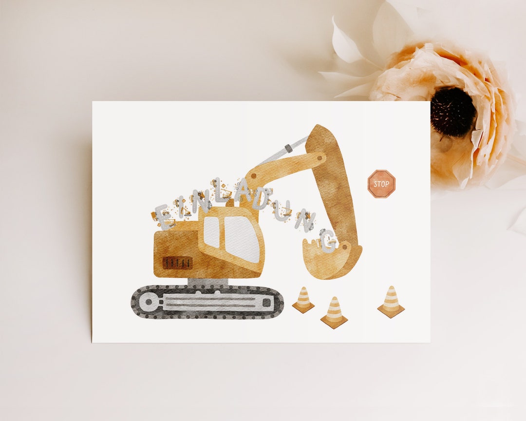 Digger-themed Birthday Invitation Cards / Construction Site / Boho ...