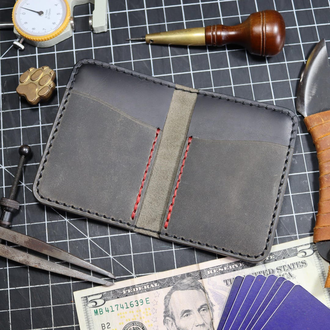 Gray Wallet, Red Thread Details, Gray and Black Color Leather, Minimal ...