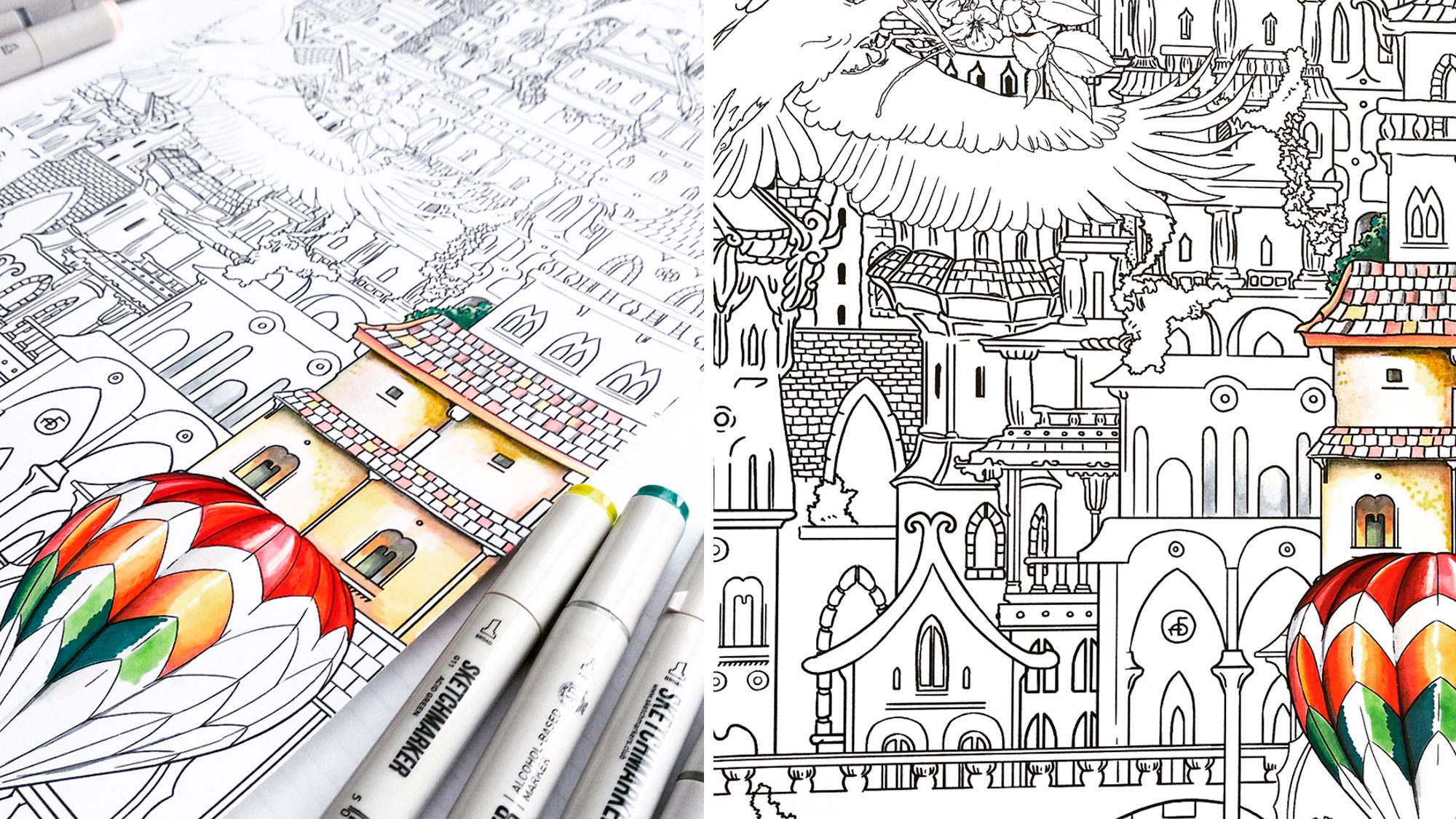 Fantasy Town Coloring Page Hand-Drawn Adult Coloring Sheet | Etsy