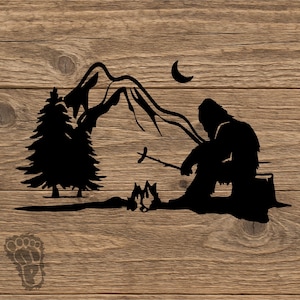 Bigfoot Campfire Decal – Sasquatch Roasting Hot Dog Under Starry Sky - Etsy