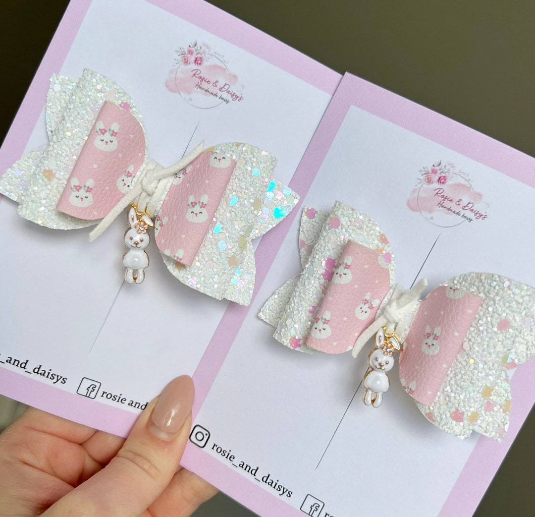 Easter Bunny Hair Bow, White Glitter Bunny Bows - Etsy