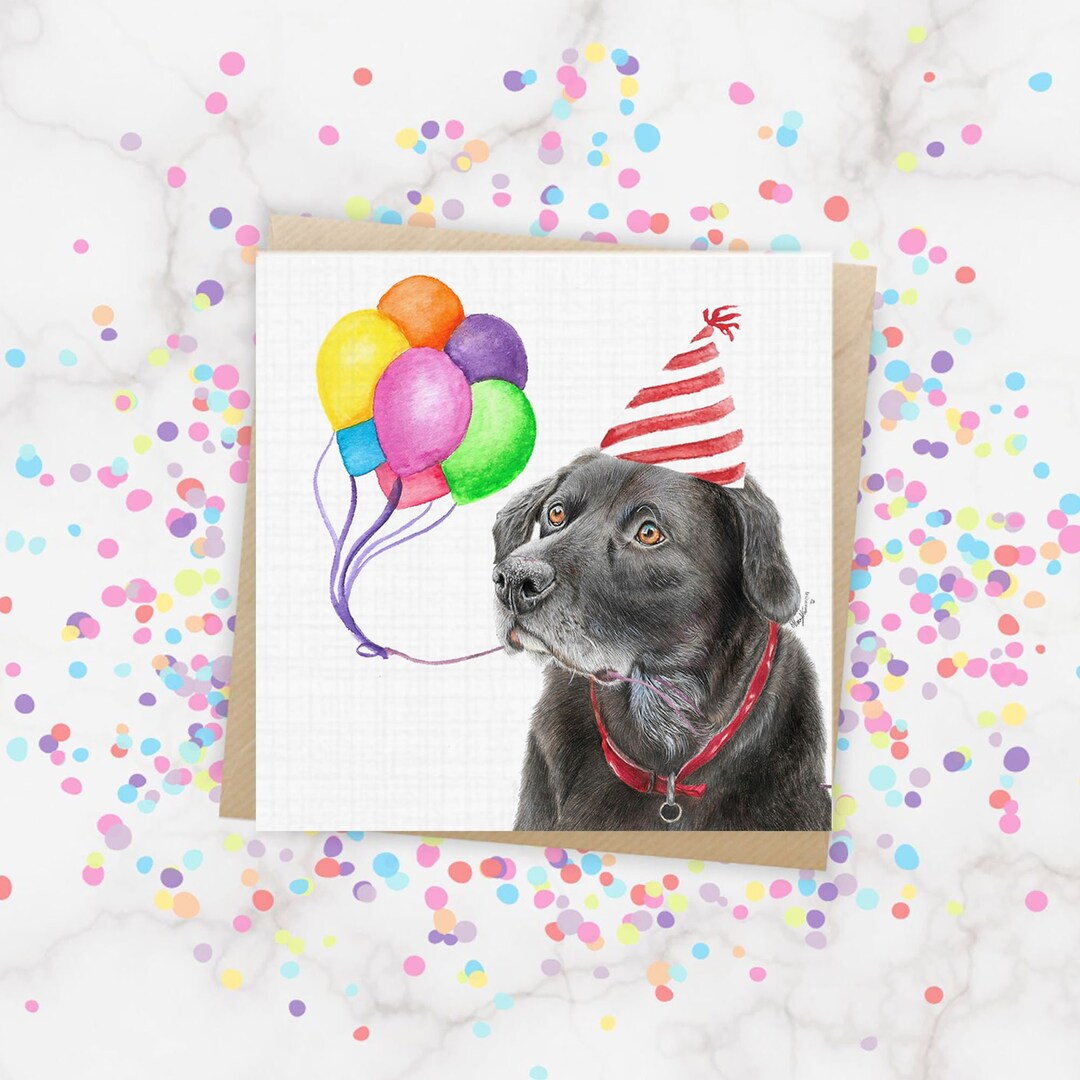 Black Labrador Birthday Card / Black Lab Holding Rainbow Balloons ...