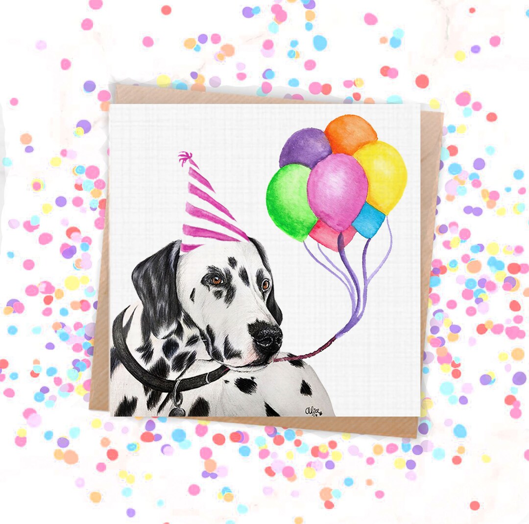 Black Dalmatian Birthday Card/black Spotted Dal With Rainbow Balloons ...