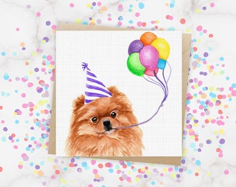 Pomeranian Birthday Card, Happy Birthday Party Hat and Balloons ...