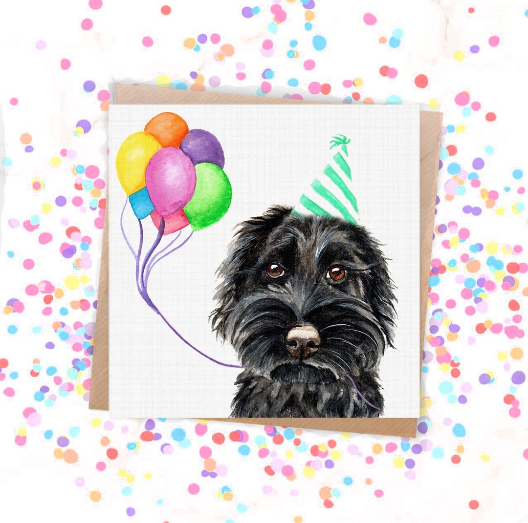 Black Cockapoo Birthday Card / Doodle Dog With Rainbow Balloons/ Canine ...