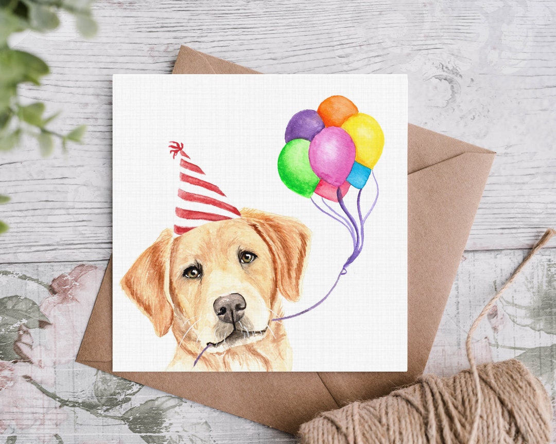 Yellow Labrador Birthday Card/yellow Lab Holding Rainbow Balloons ...