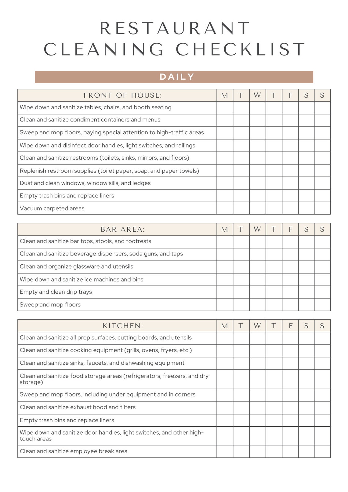 Restaurant Cleaning Checklist Template: Editable Canva Design (A4 ...
