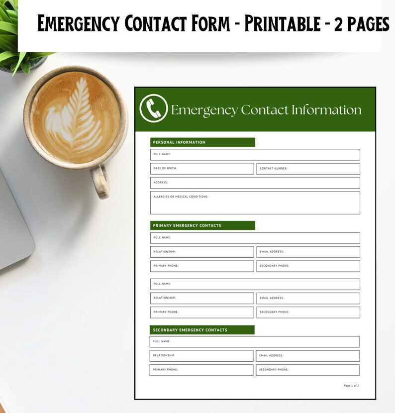 Printable Emergency Contact Form: Personal & Medical Info (PDF) - Etsy
