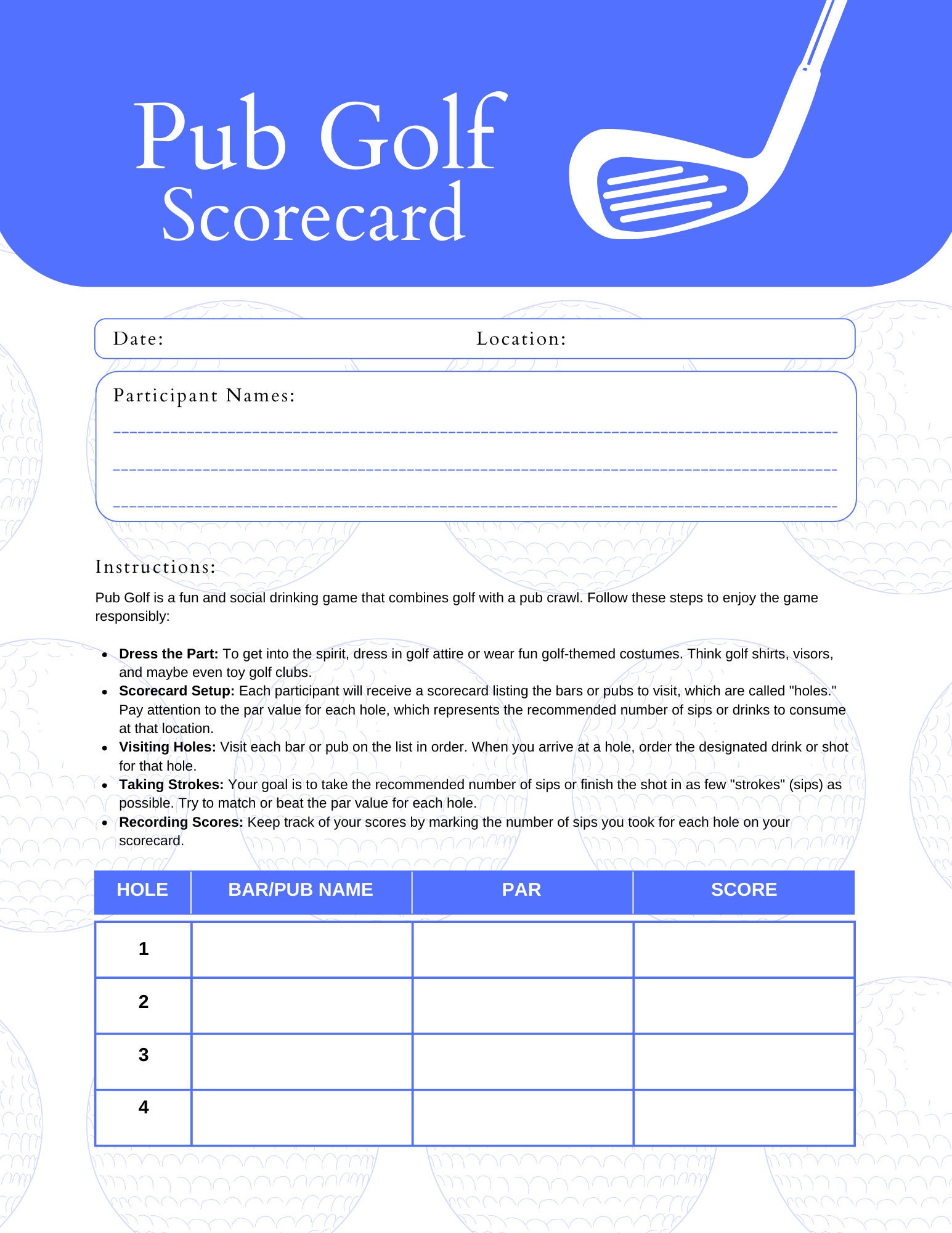 Pub Golf Scorecard Template: Customizable Party Game (canva Editable ...