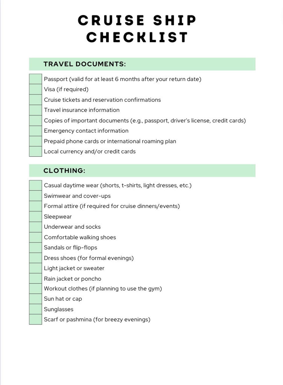 Cruise Ship Packing Checklist: Essential Travel Items (PDF Printable ...