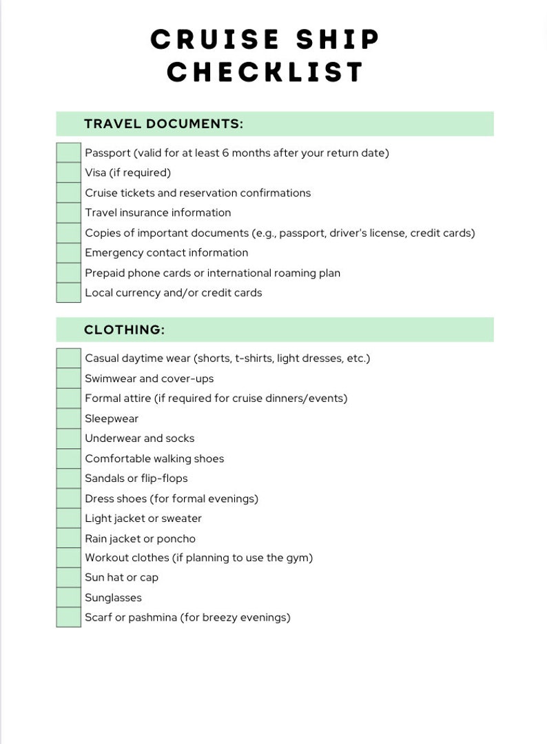 Cruise Ship Packing Checklist: Essential Travel Items (PDF Printable ...