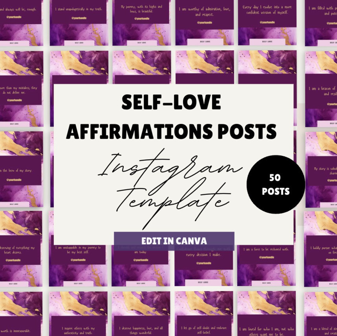 50 Self-love Affirmations Instagram Posts: Canva Template (purple ...