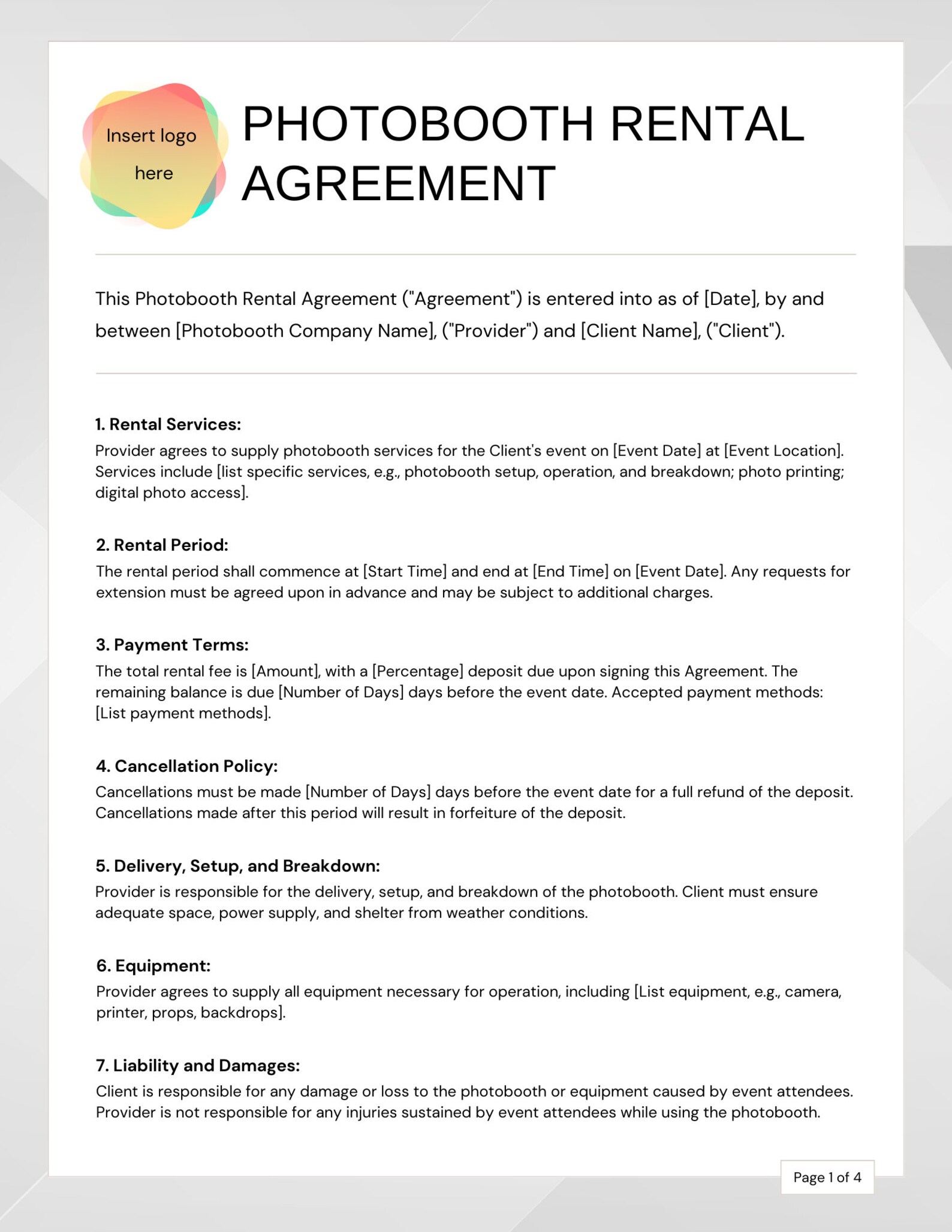 Photo Booth Contract | Video Booth Rental Agreement | Diy Booth Rental ...