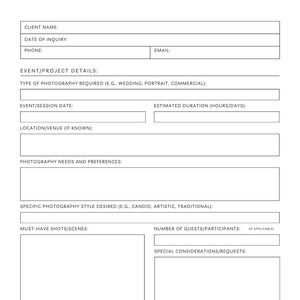 Photography Business Forms: Client Questionnaire, Pricing Guide (canva ...