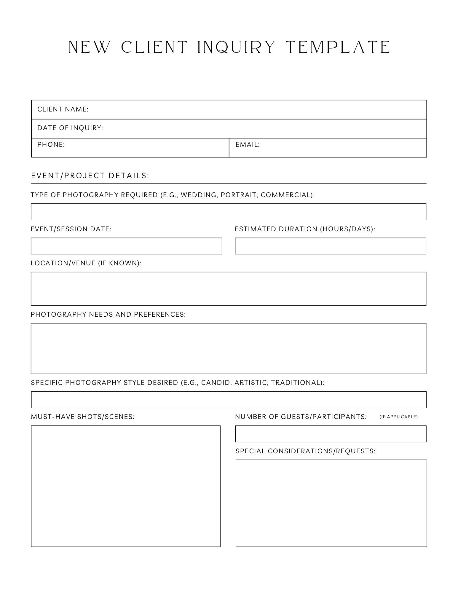 Photography Business Forms: Client Questionnaire, Pricing Guide (canva ...