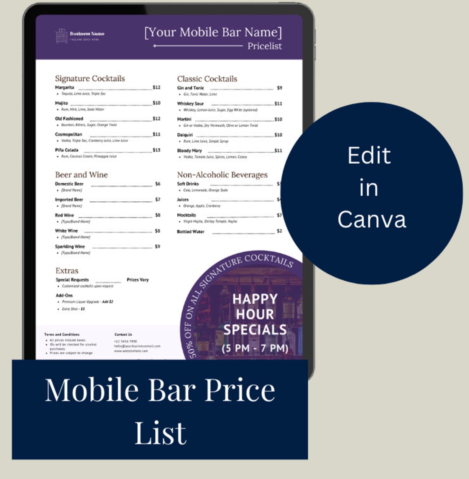 Mobile Bar Price List Template – Editable Canva Drink Menu for ...