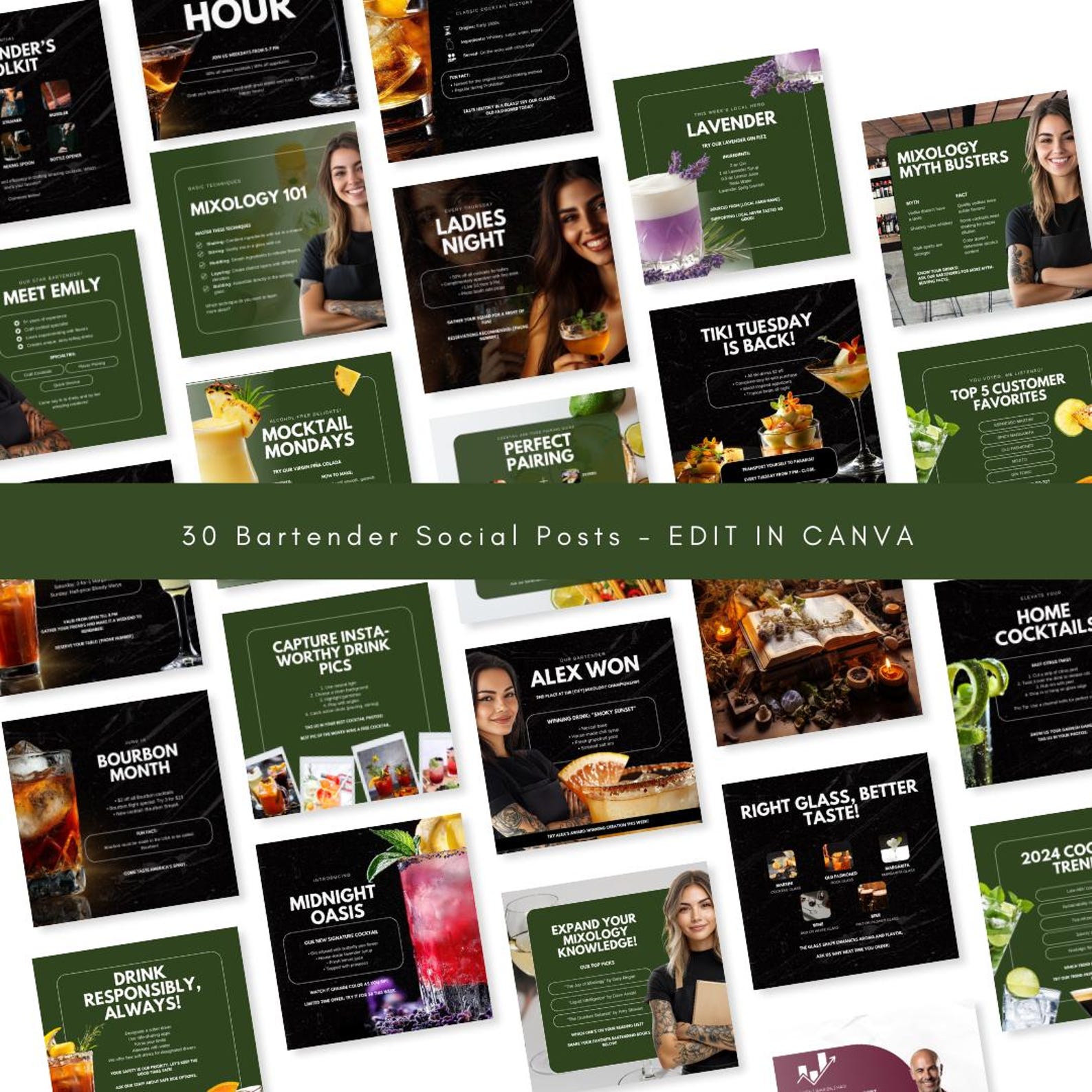 Bartender Instagram Post Templates: Bar Marketing Canva (30 Posts) - Etsy