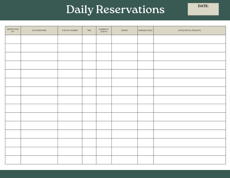 Printable Restaurant Reservations Lists | Restaurant Business Resources | Printable PDF ...