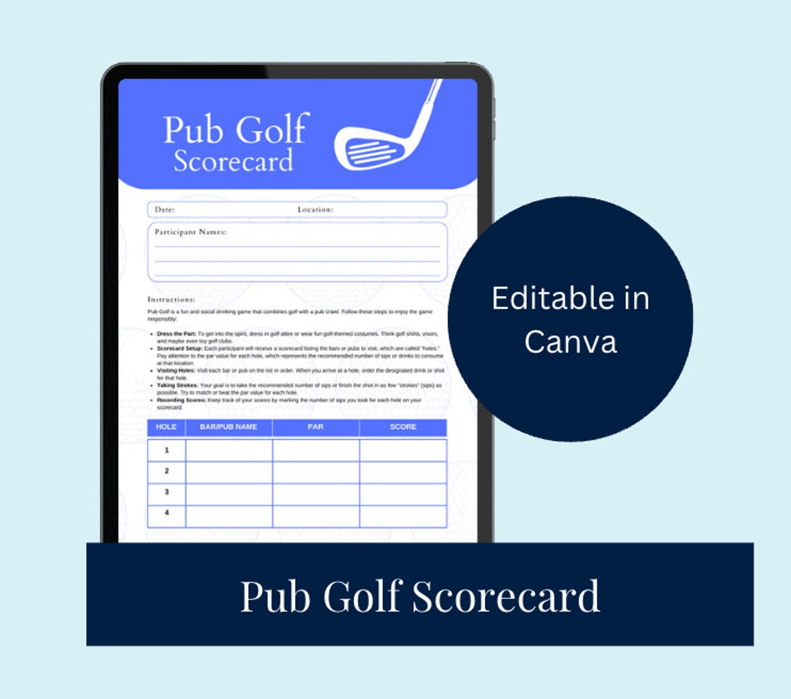 Pub Golf Scorecard Template: Customizable Party Game (canva Editable ...