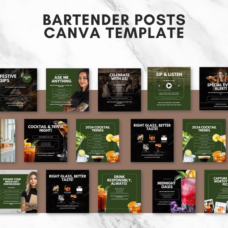 Bartender Instagram Post Templates: Bar Marketing Canva (30 Posts) - Etsy