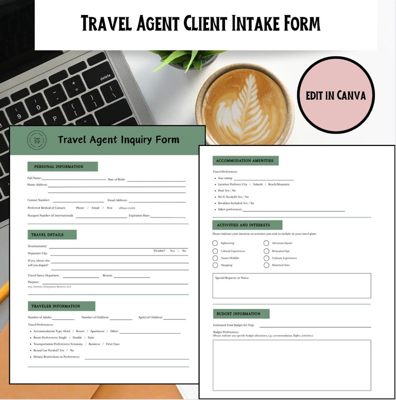 Travel Agent Client Intake | Travel Inquiry Form | Editable Intake Form ...