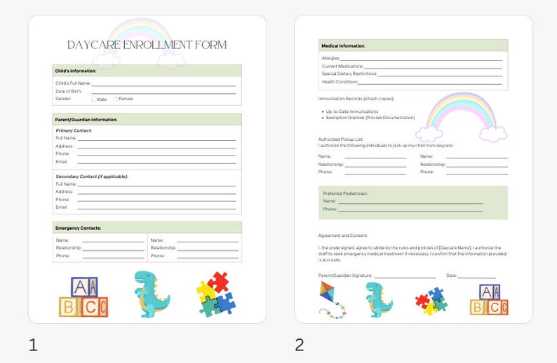 Daycare Enrollment Forms Home Daycare Contract Daycare Paperwork ...