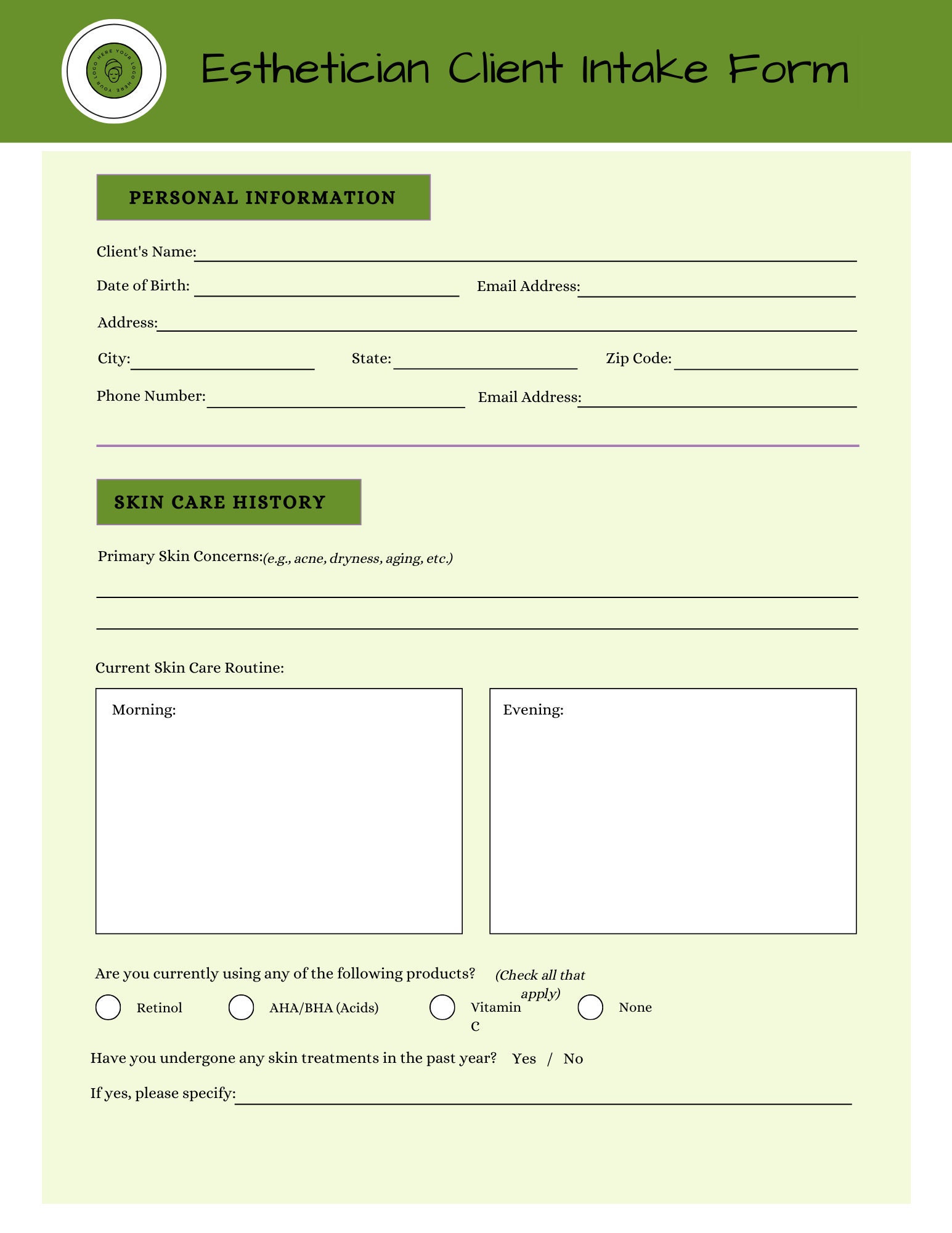Esthetician Client Intake Form: Customizable Canva Template (digital ...