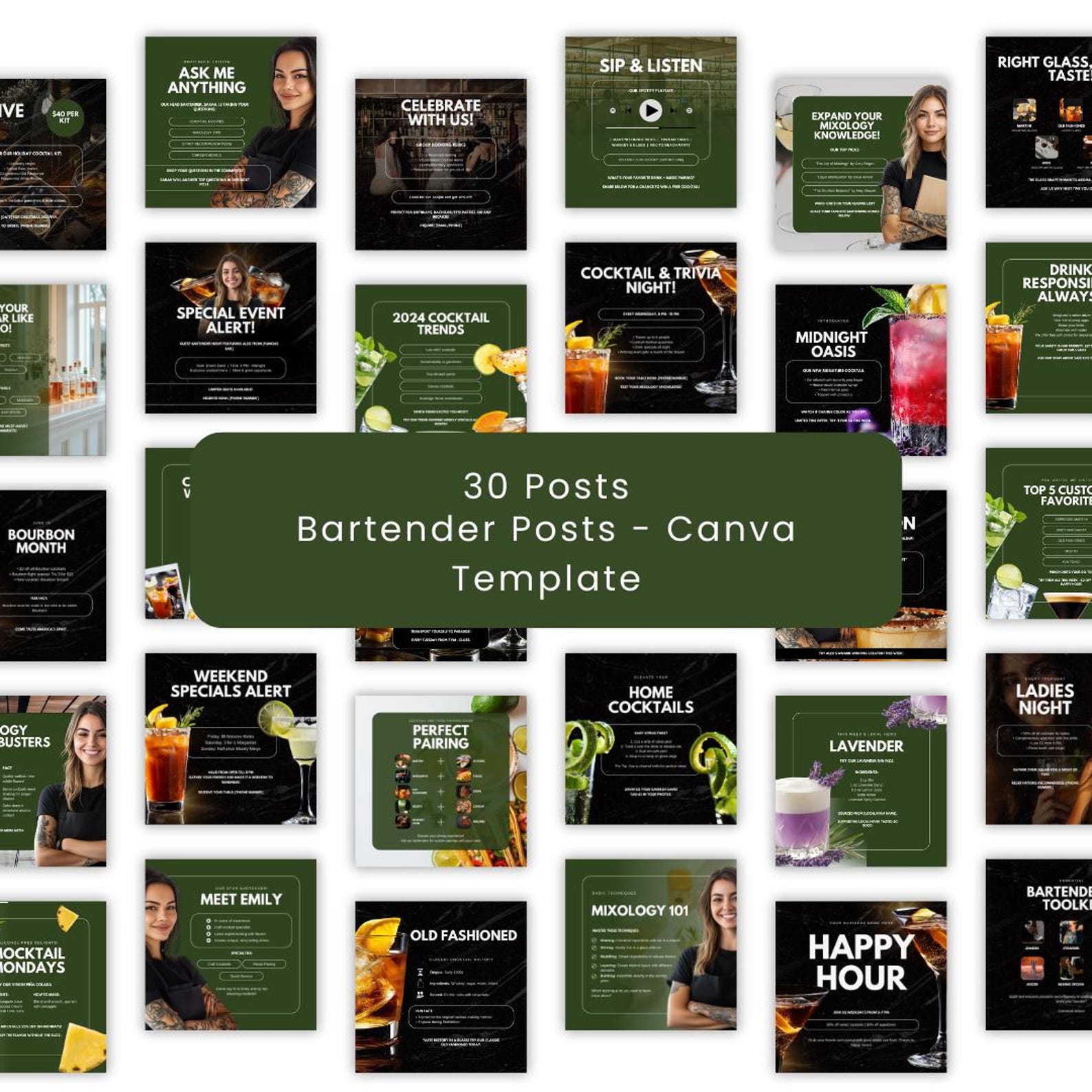 Bartender Instagram Post Templates: Bar Marketing Canva (30 Posts) - Etsy