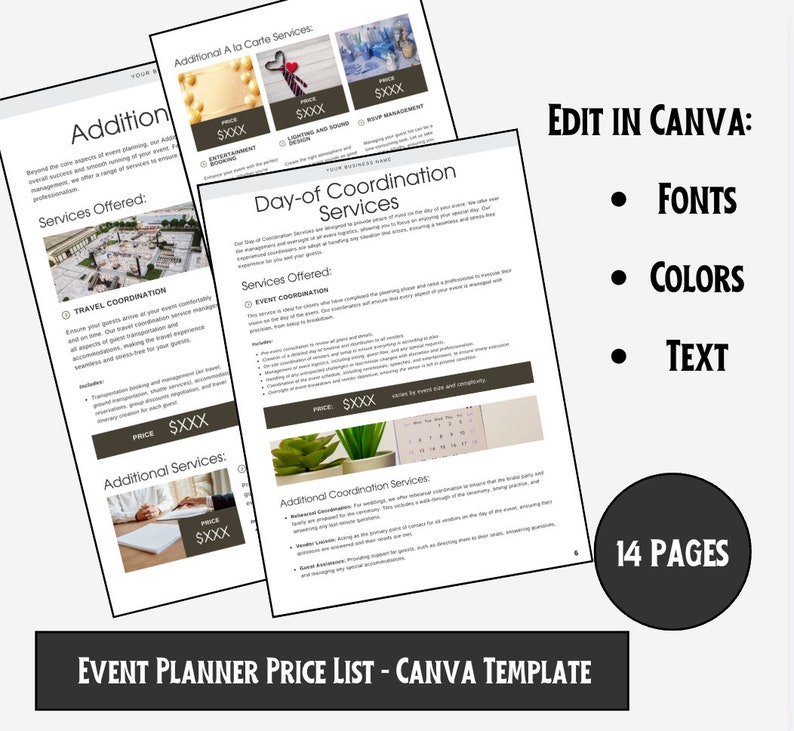 Event Planner Price List Template: Editable Canva Design - Etsy