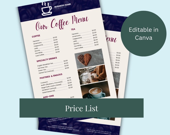 Editable Menu Template Price List for Coffee Shop - Etsy Canada