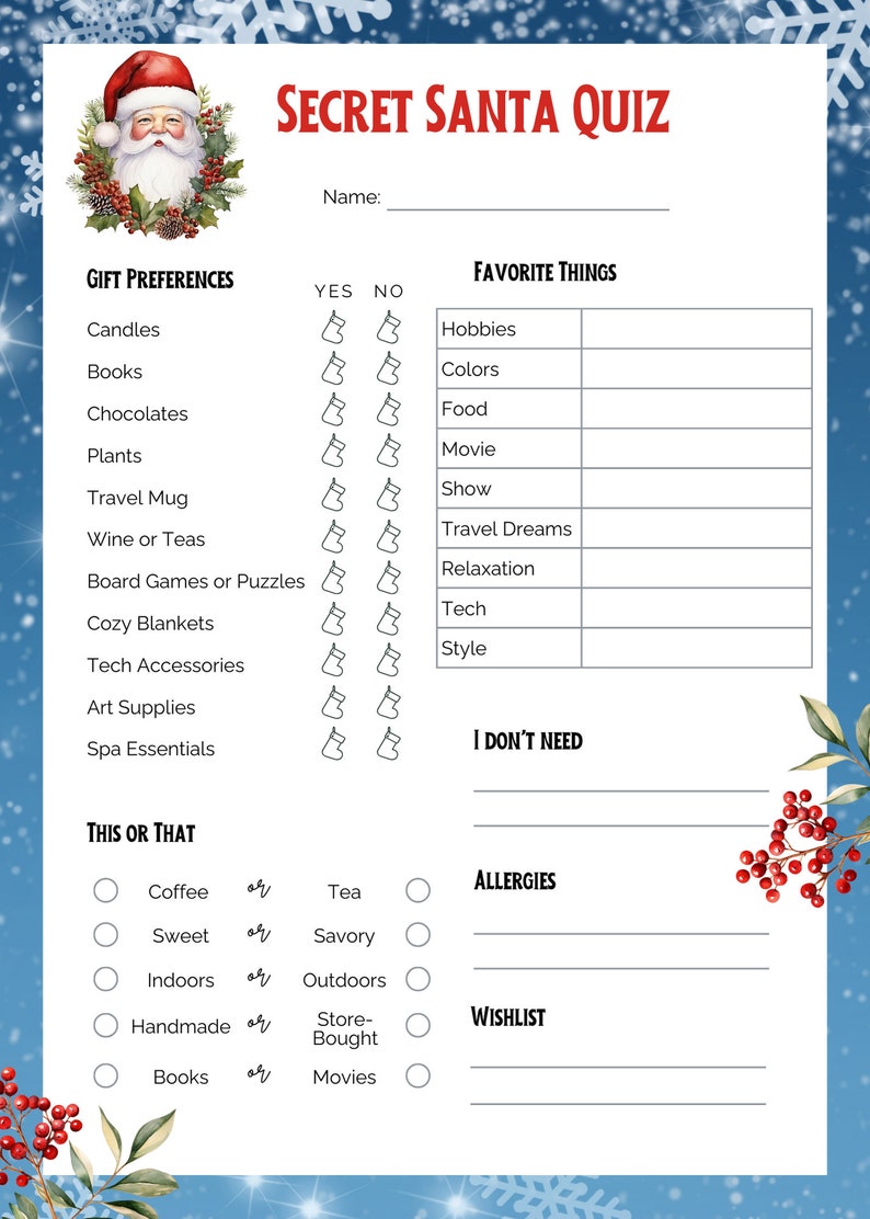 Secret Santa Quiz | Printable Gift Exchange Game (PDF) - Etsy