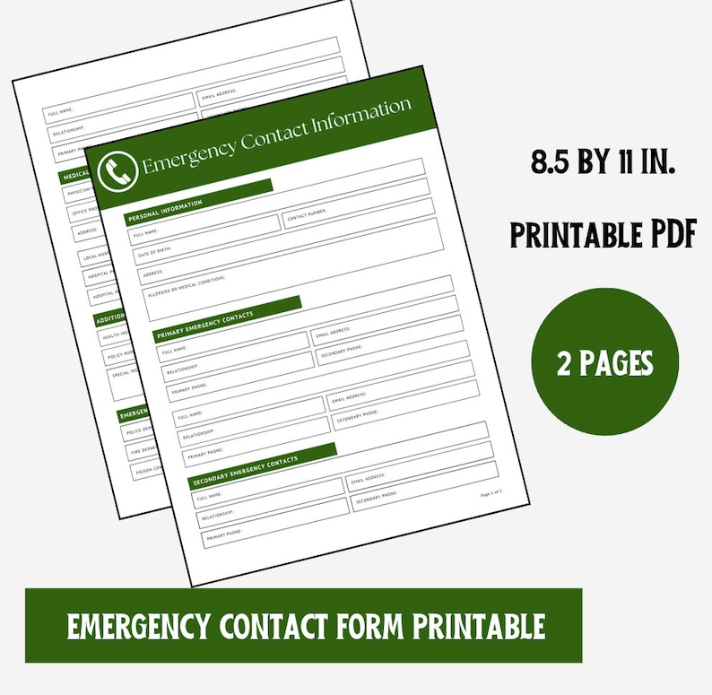 Printable Emergency Contact Form | Emergency Contact Sheet | Employee ...