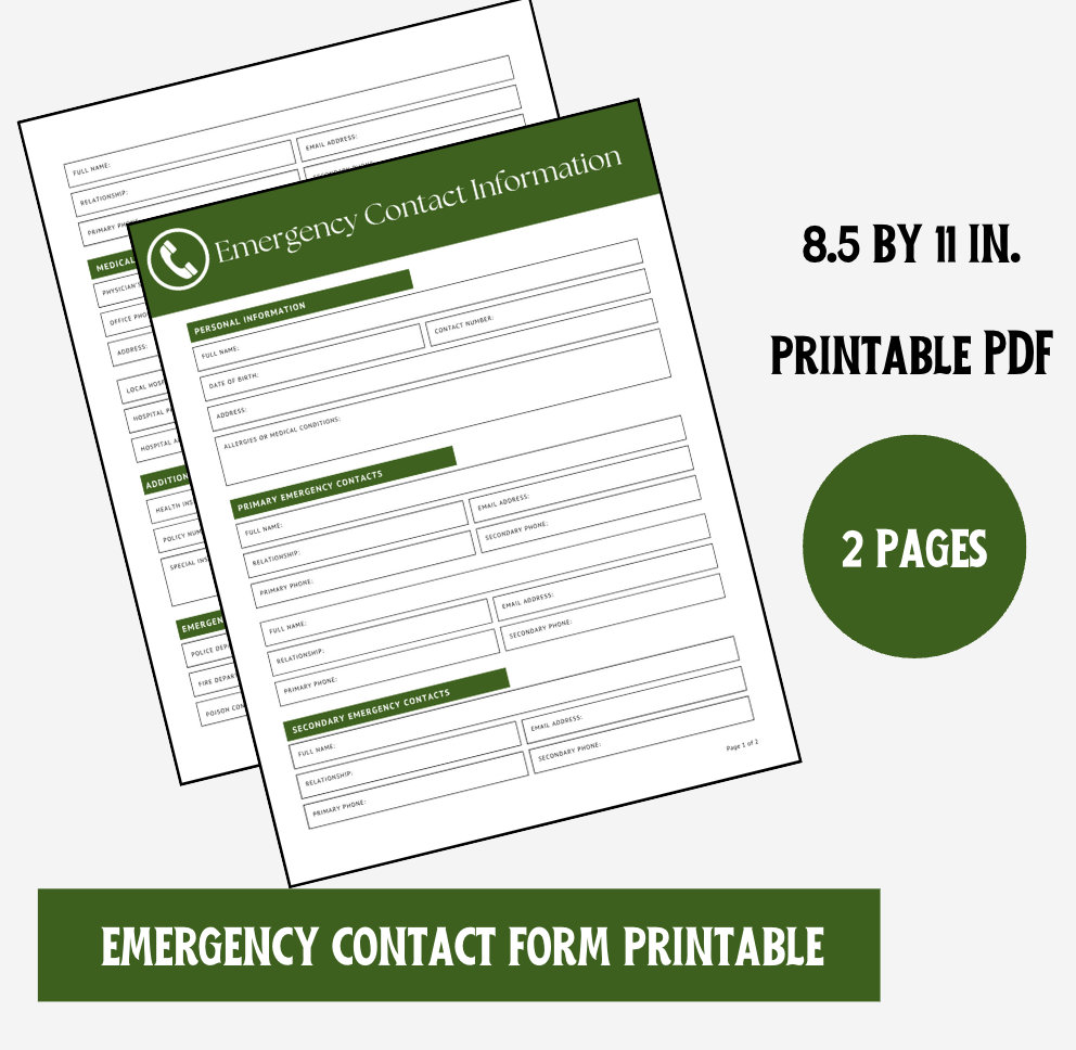 Printable Emergency Contact Form | Emergency Contact Sheet | Employee ...