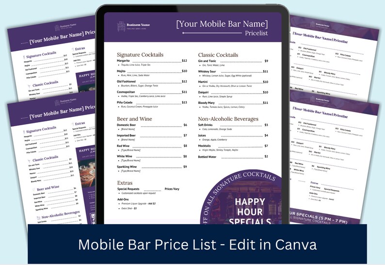 Mobile Bar Price List Template – Editable Canva Drink Menu for ...