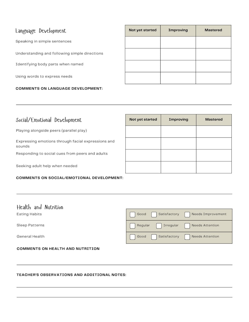 Preschool Progress Report | Daycare Progress Report | Parent Teacher ...