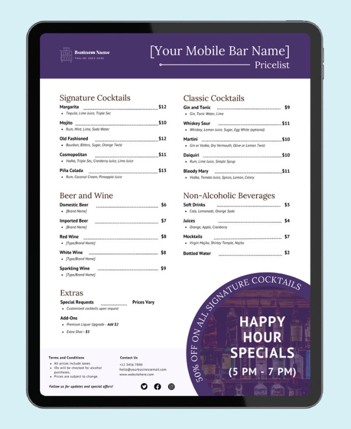 Mobile Bar Price List Template – Editable Canva Drink Menu for ...