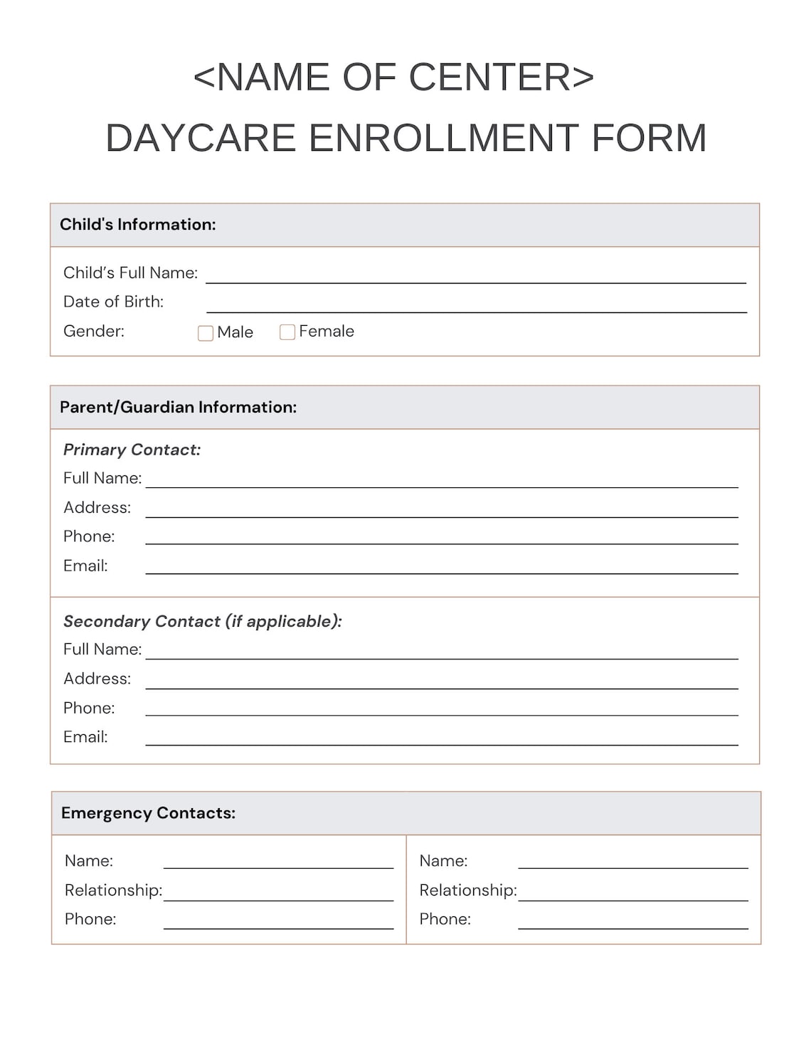 Simple Daycare Enrollment Forms Daycare Starter Kit Daycare Contract ...
