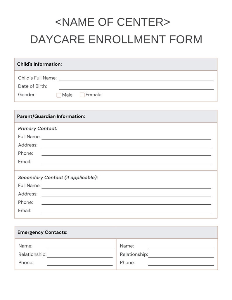 Simple Daycare Enrollment Forms | Daycare Starter Kit | Daycare ...