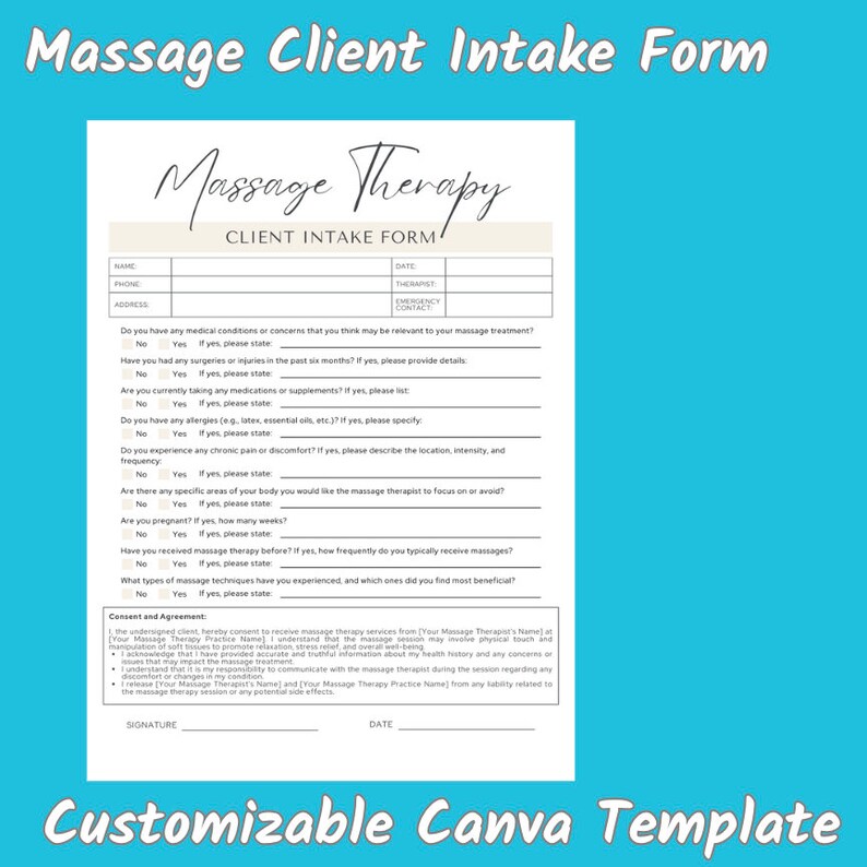 Massage Client Intake Form | Spa Forms | Client Intake Form | Massage ...