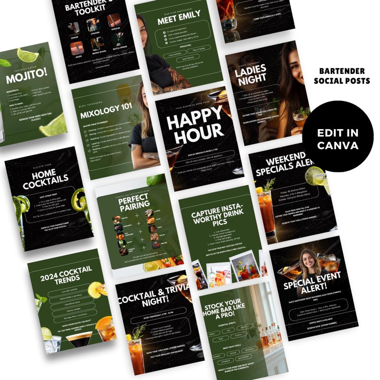 Bartender Instagram Post Templates: Bar Marketing Canva (30 Posts) - Etsy
