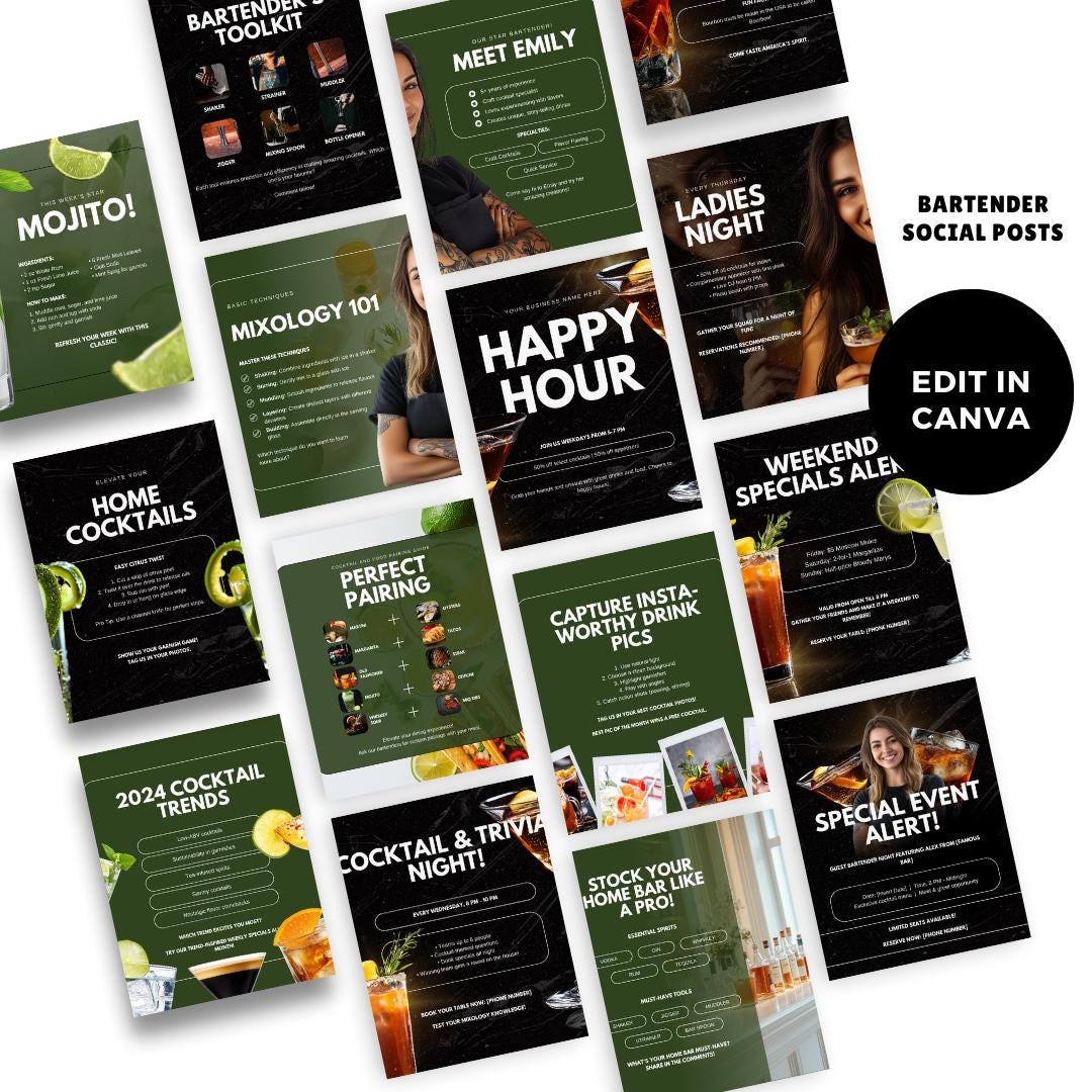 Bartender Instagram Post Templates: Bar Marketing Canva (30 Posts) - Etsy