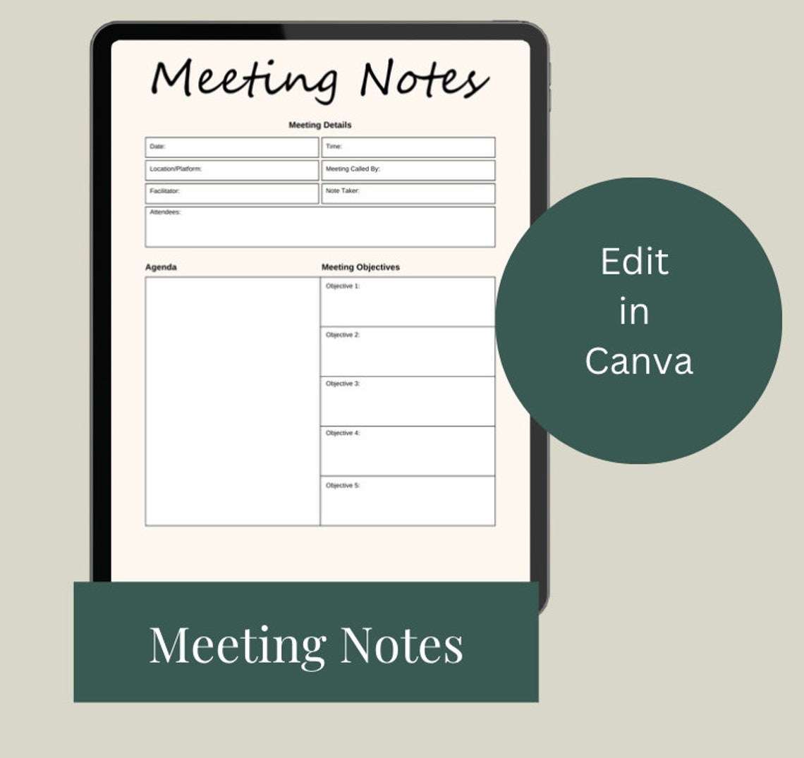 Editable Meeting Notes Template: Canva Digital Planner (instant ...