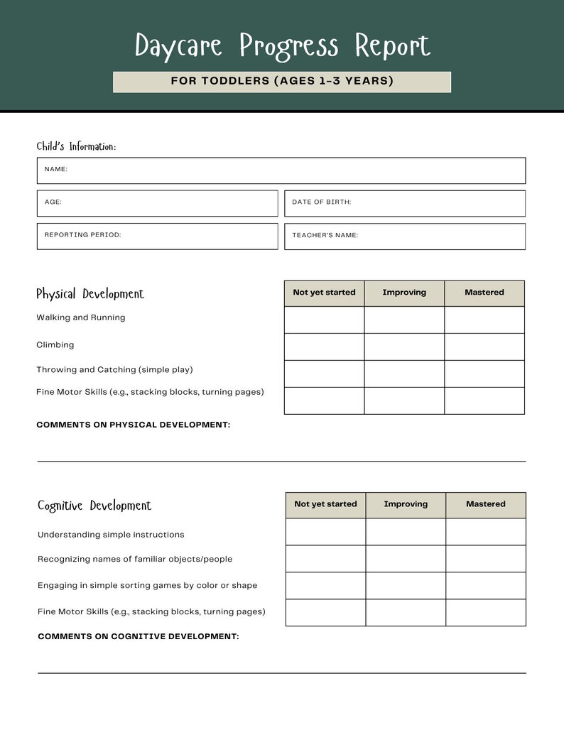 Preschool Progress Report | Daycare Progress Report | Parent Teacher ...