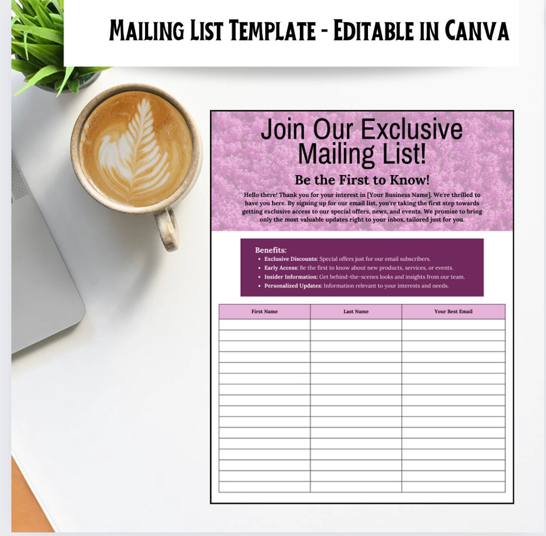 Mailing List Sign up Template: Editable Newsletter Form (canva) - Etsy