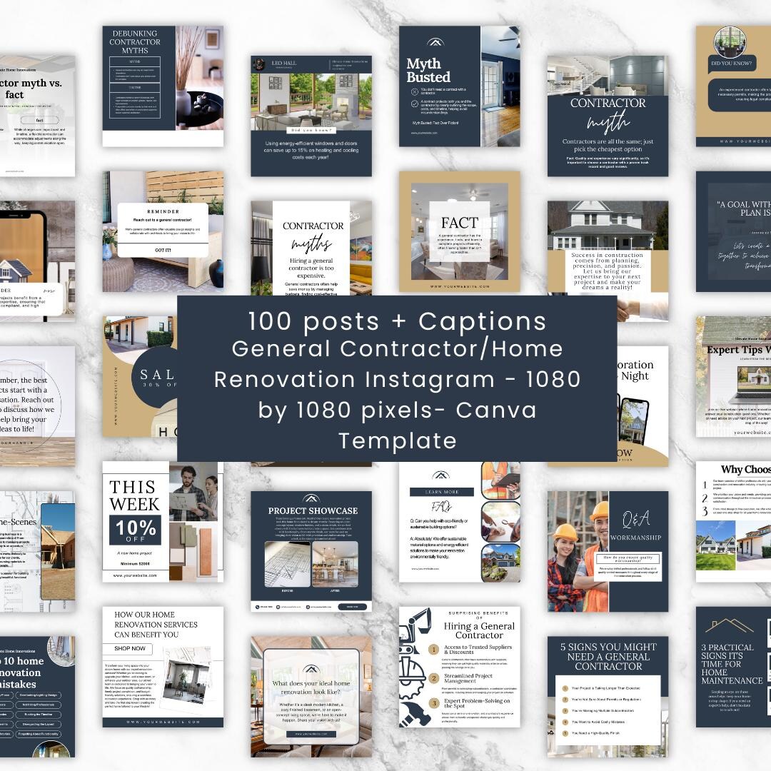 Navy Social Media Posts: Home Renovation Canva Template - Etsy