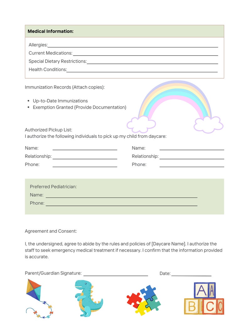 Daycare Enrollment Forms | Home Daycare Contract | Daycare Paperwork ...