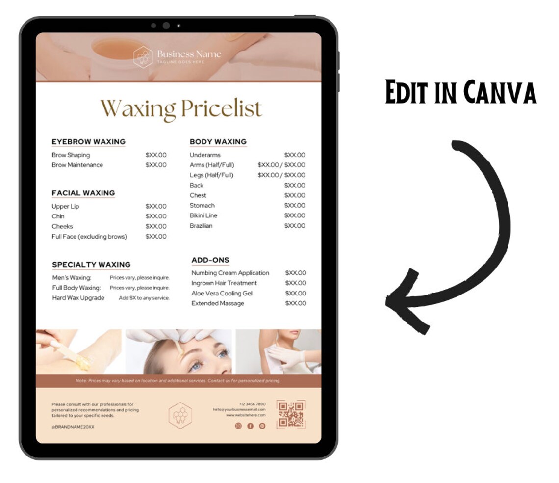 Elegant Waxing Price List Template: Customizable Canva Design - Etsy