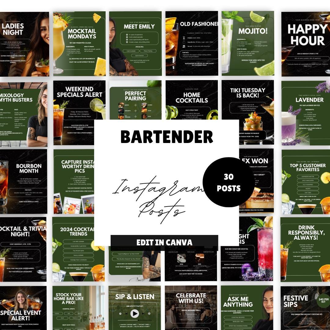 Bartender Instagram Post Templates: Bar Marketing Canva (30 Posts) - Etsy